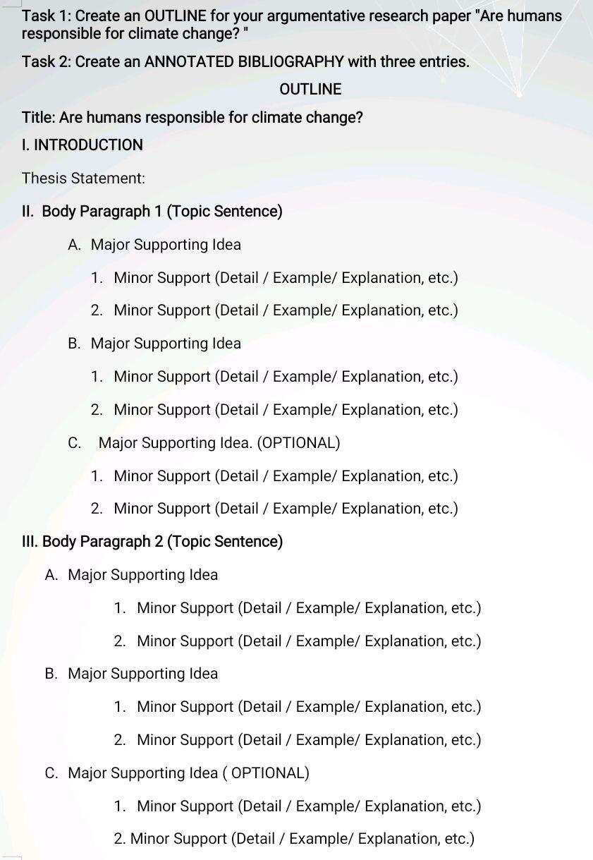 Solved Task 1: Create an OUTLINE for your argumentative | Chegg.com