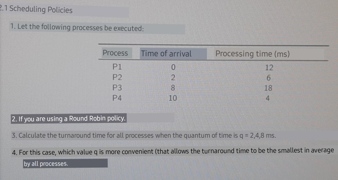 Solved 2.1 Scheduling Policies 1. Let the following | Chegg.com
