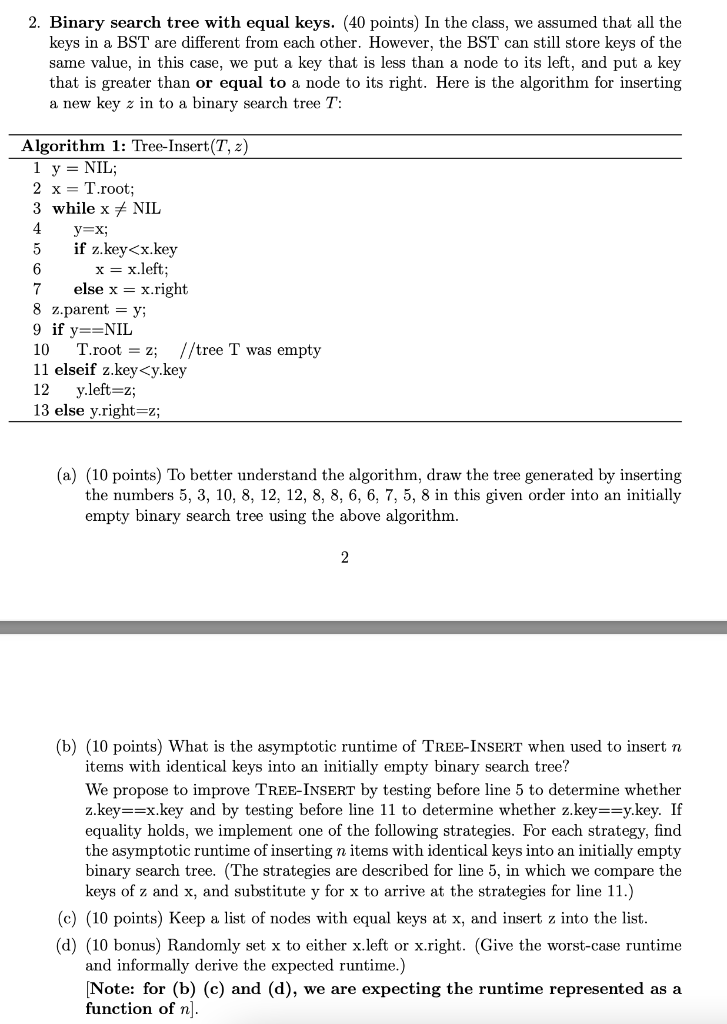Solved 2 Binary Search Tree With Equal Keys 40 Points In 