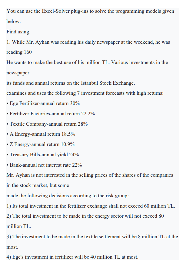 Solved You can use the Excel-Solver plug-ins to solve the | Chegg.com