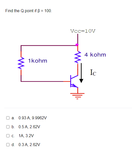 Solved Find the Q point if β=100. a. 0.93 A,9.9962 V b. 0.5 | Chegg.com