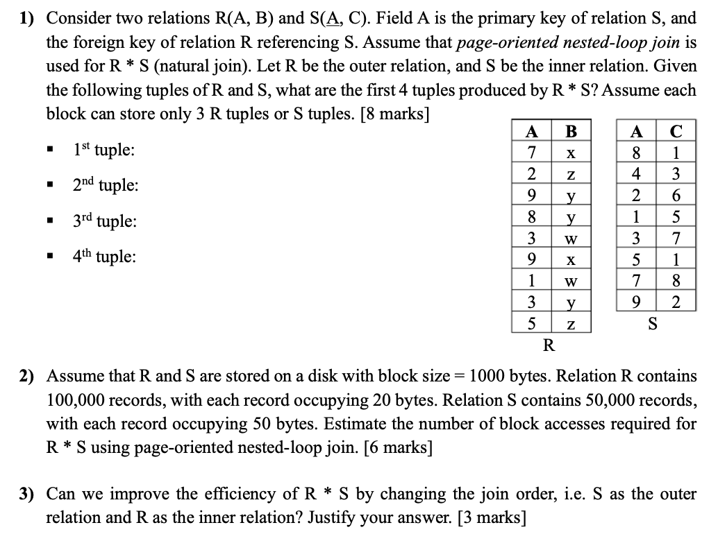 Solved 1) Consider two relations R(A,B) and S(A,C). Field A | Chegg.com