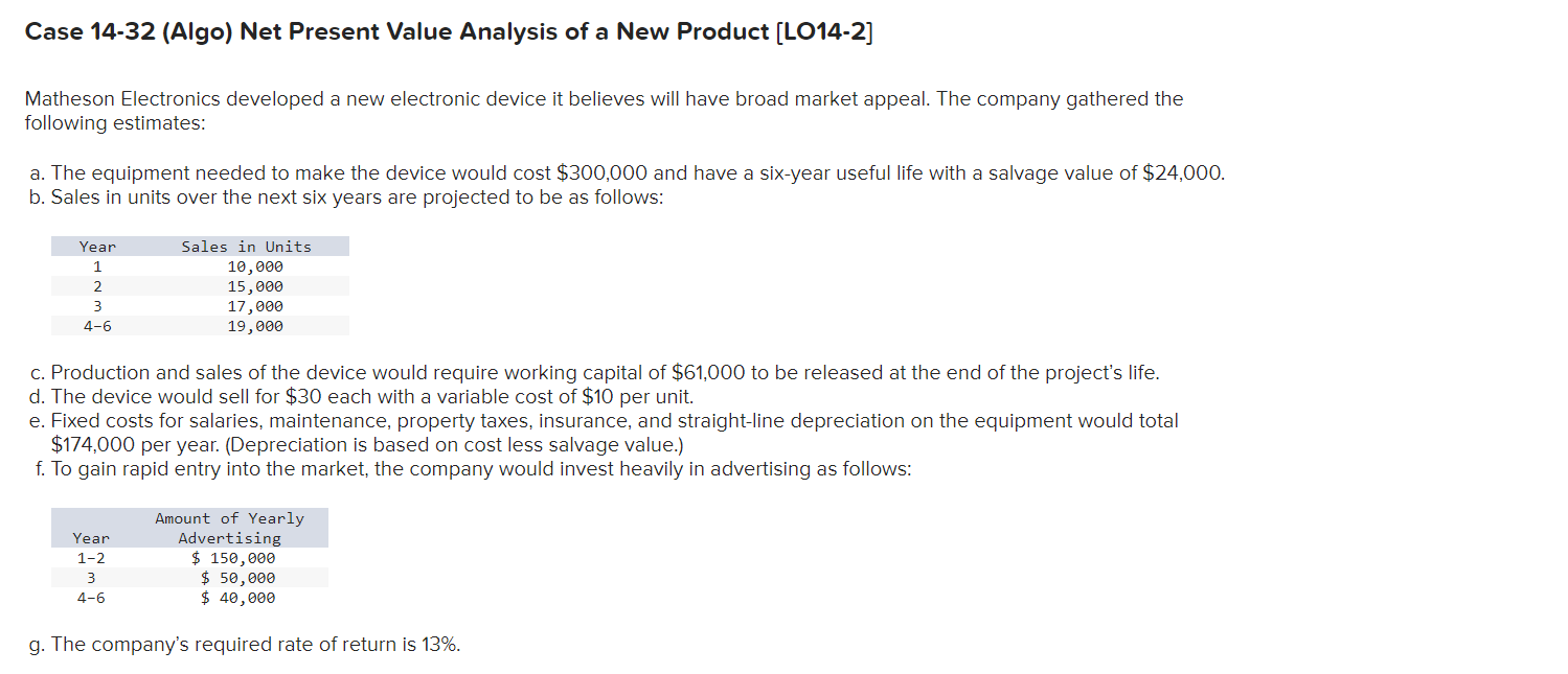 Solved Case 14-32 (Algo) Net Present Value Analysis of a New | Chegg.com