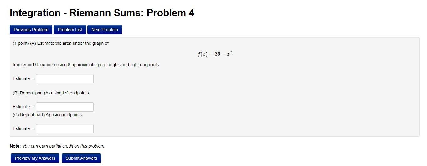 Solved Integration - Riemann Sums: Problem 4 Previous | Chegg.com