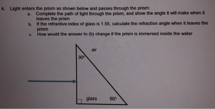 Solved 4. Light enters the prism as shown below and passes | Chegg.com