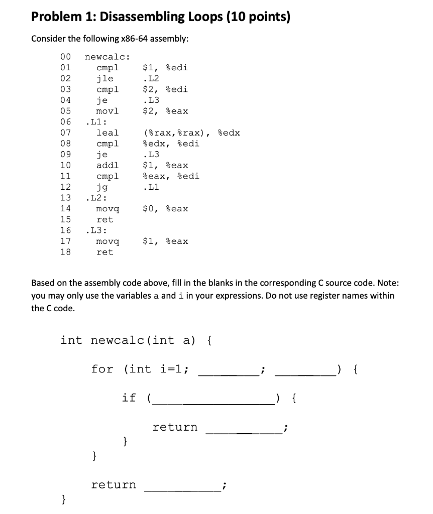 Solved Problem 1: Disassembling Loops (10 points) Consider | Chegg.com