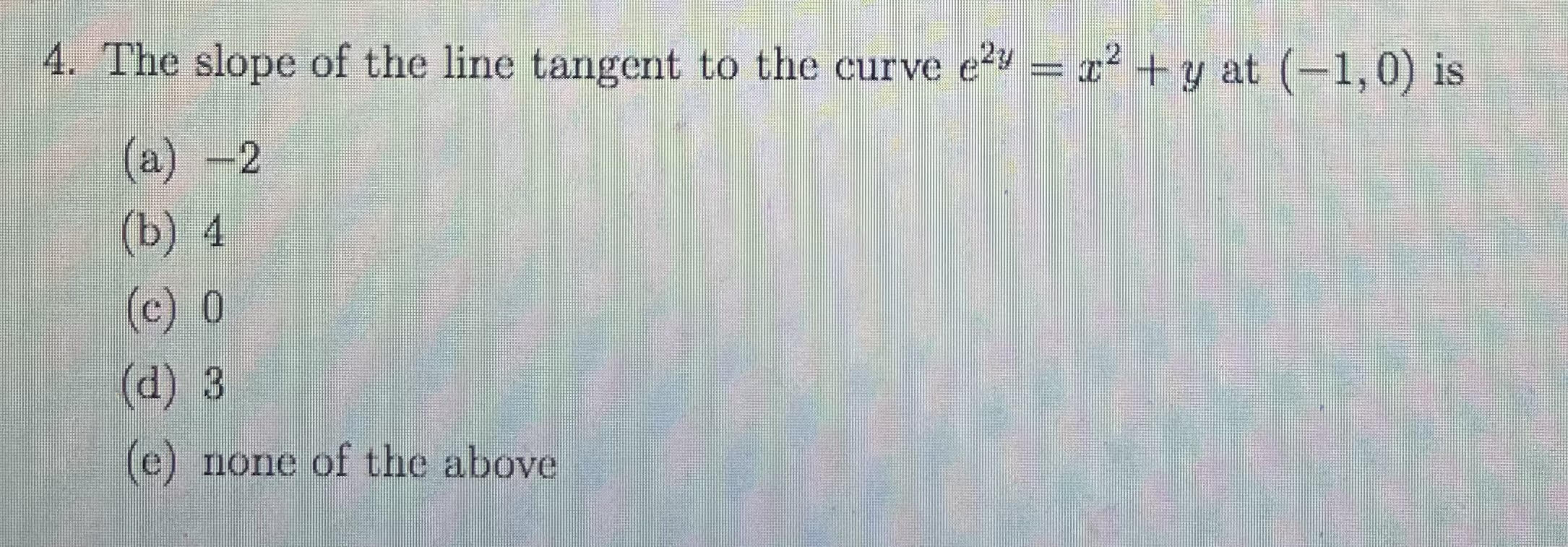 Solved The slope of the line tangent to the curve e2y=x2+y | Chegg.com