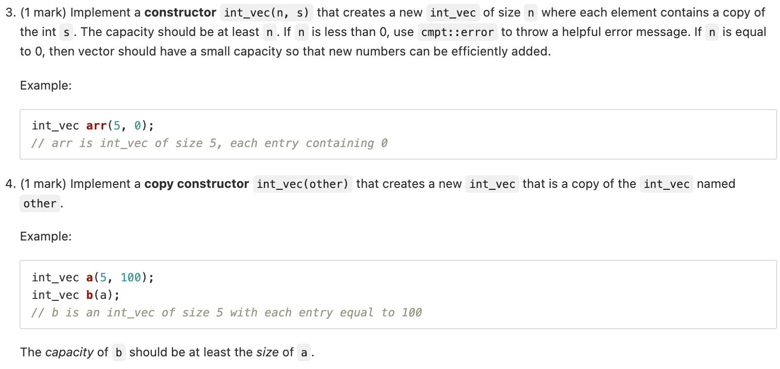3. (1 mark) Implement a constructor int_vec(n, s) | Chegg.com