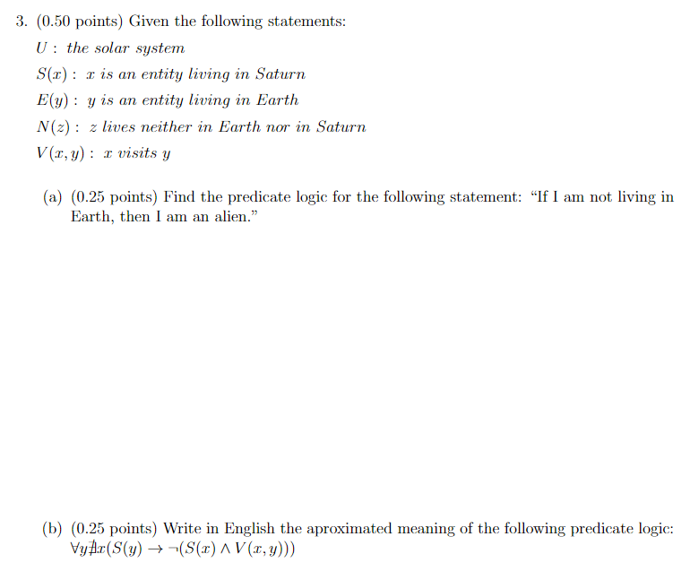 Solved 3. (0.50 points) Given the following statements: U: | Chegg.com