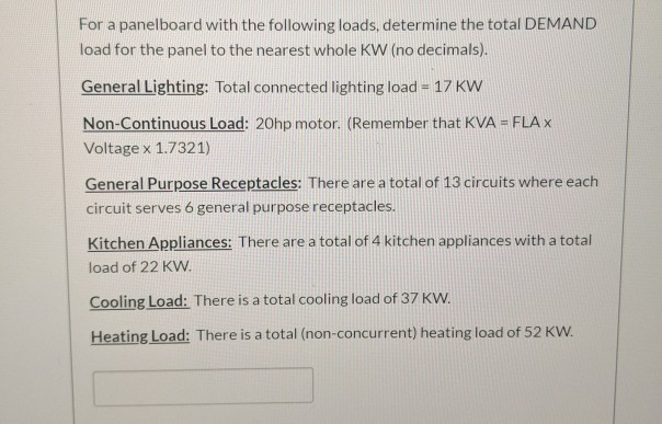 Solved For a panelboard with the following loads, determine | Chegg.com