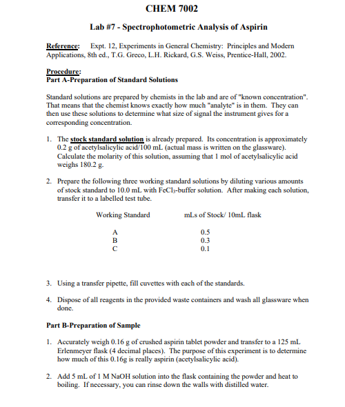 Procedure: Part A-Preparation of Standard Solutions | Chegg.com