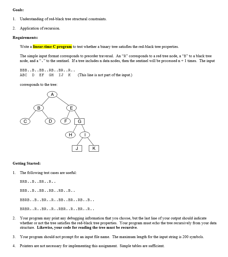 Goals: 1. Understanding of red-black tree structural | Chegg.com