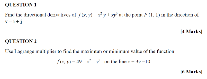 Solved Find the directional derivatives of f(x,y)=x2y+xy3 at | Chegg.com