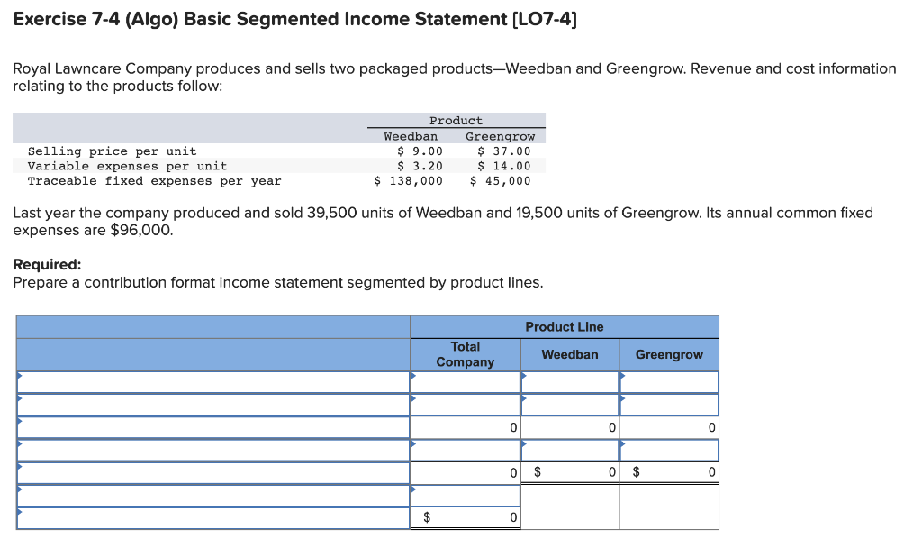 Solved Exercise 7-4 (Algo) Basic Segmented Income Statement | Chegg.com
