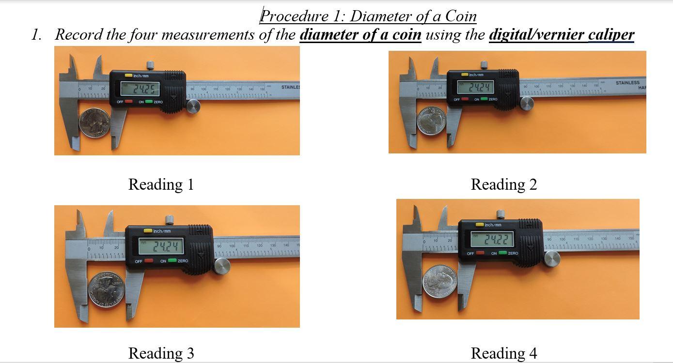 Solved Procedure 1: Diameter of a Coin 1. Record the four | Chegg.com