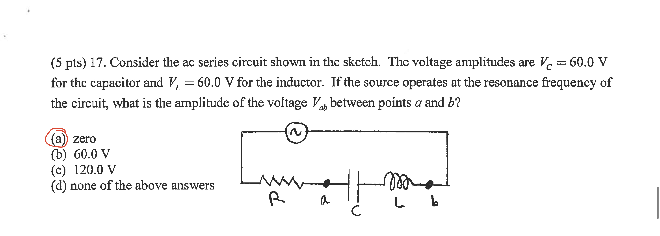 Solved (5 pts) 17. Consider the ac series circuit shown in | Chegg.com