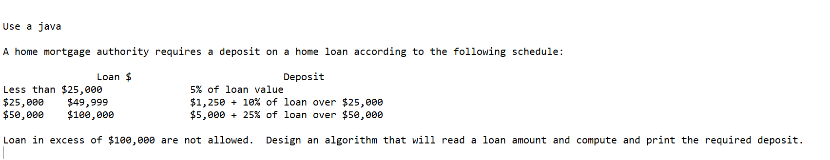 Solved Use a java) A home mortgage authority requires a | Chegg.com