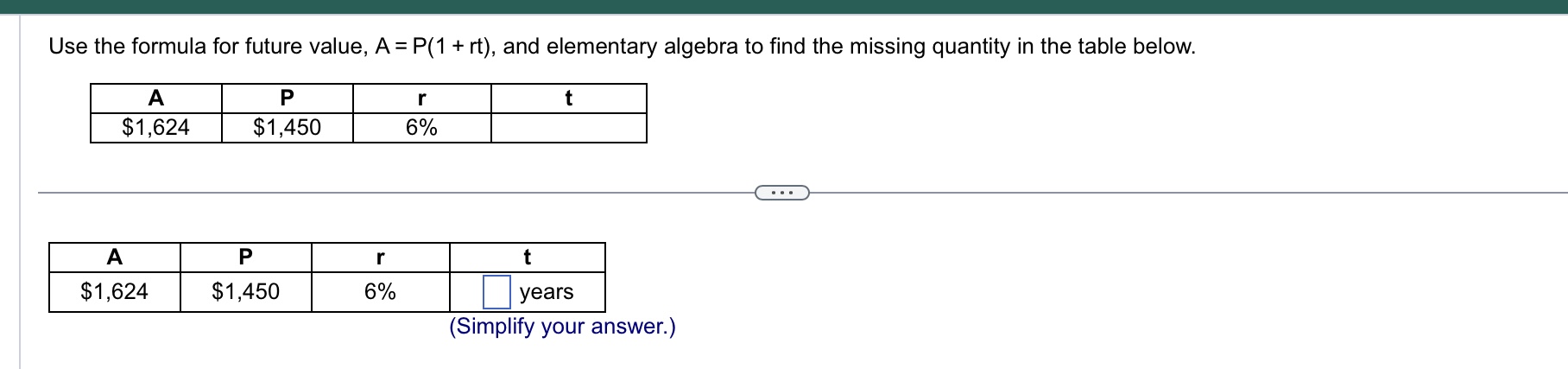 Solved I=PrtA=P(1+rt), and elementary alc (Simplify your | Chegg.com