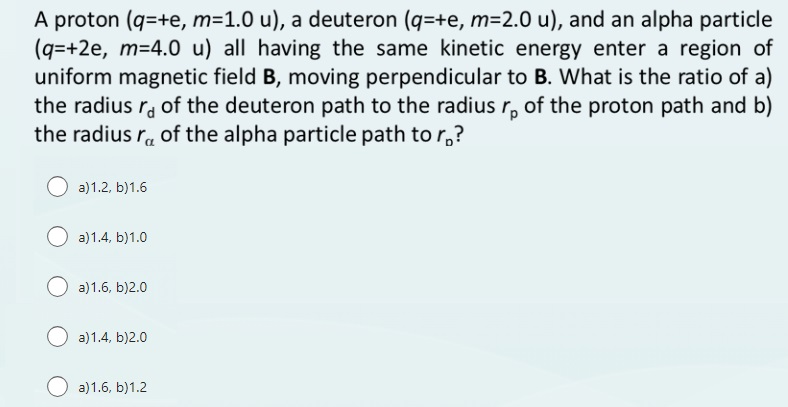 Solved A proton ( q=+e,m=1.0u ), a deuteron ( q=+e,m=2.0u ), | Chegg.com