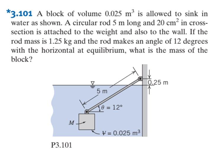 Solved ∗3.101 A block of volume 0.025 m3 is allowed to sink | Chegg.com