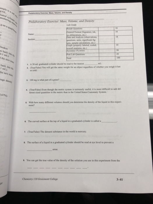 Solved Prelaboratory Exereise: Mass, Volume, and Density ed | Chegg.com