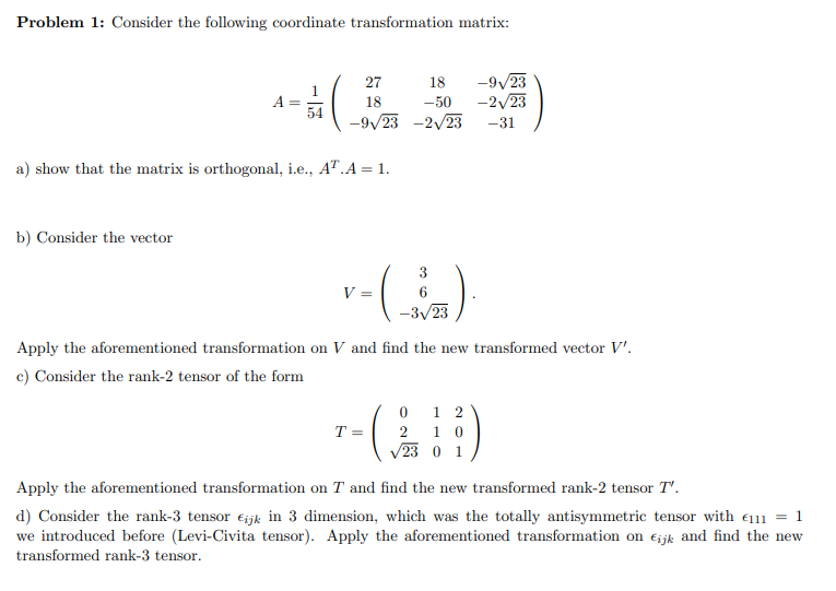 Solved Problem 1: Consider the following coordinate | Chegg.com
