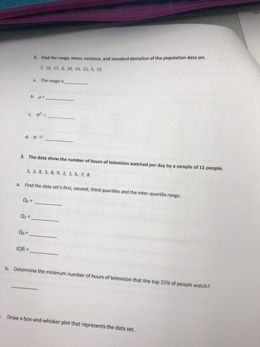 Solved Find the range, mean, variance, and standard | Chegg.com