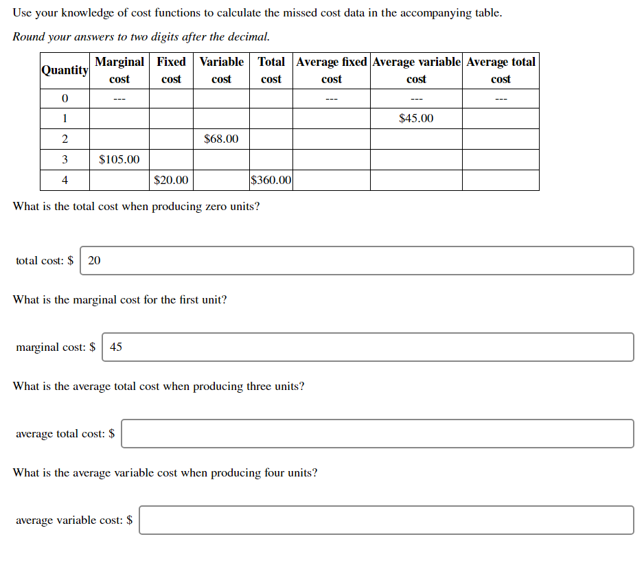 Solved Use your knowledge of cost functions to calculate the | Chegg.com