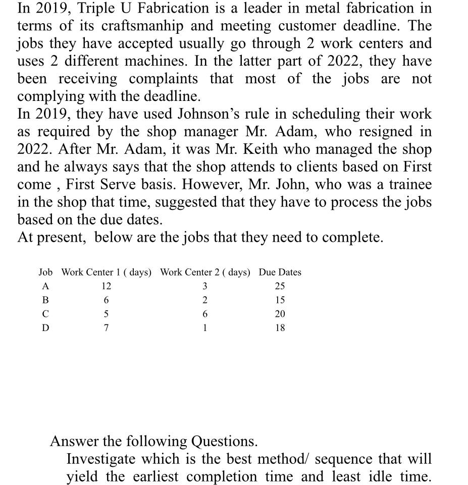 Solved In 2019, Triple U Fabrication is a leader in metal | Chegg.com