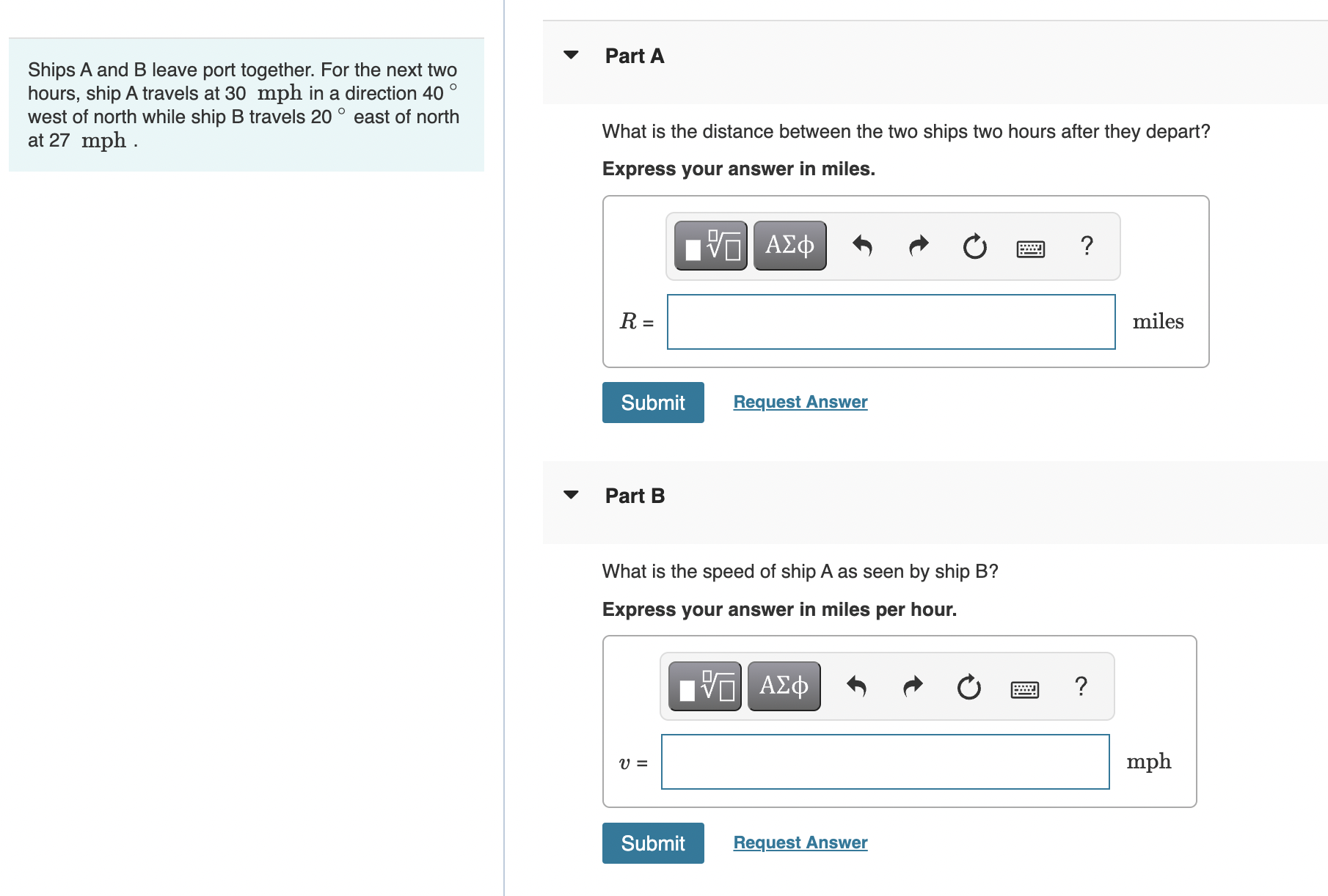Solved Ships A and B leave port together. For the next two | Chegg.com