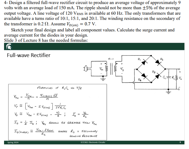 Solved 4- ﻿Design a filtered full-wave rectifier circuit to | Chegg.com