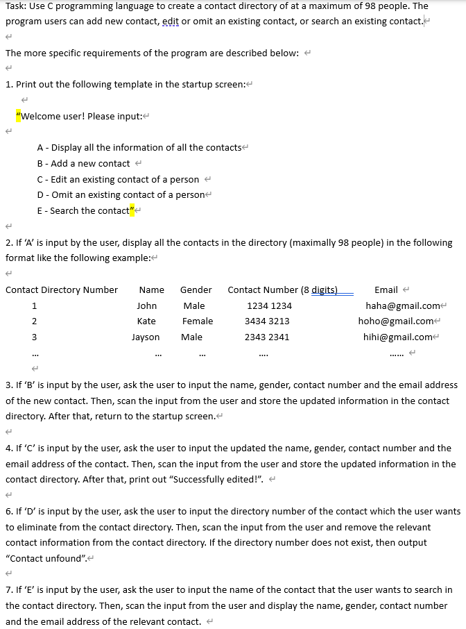 Solved Task: Use C programming language to create a contact | Chegg.com