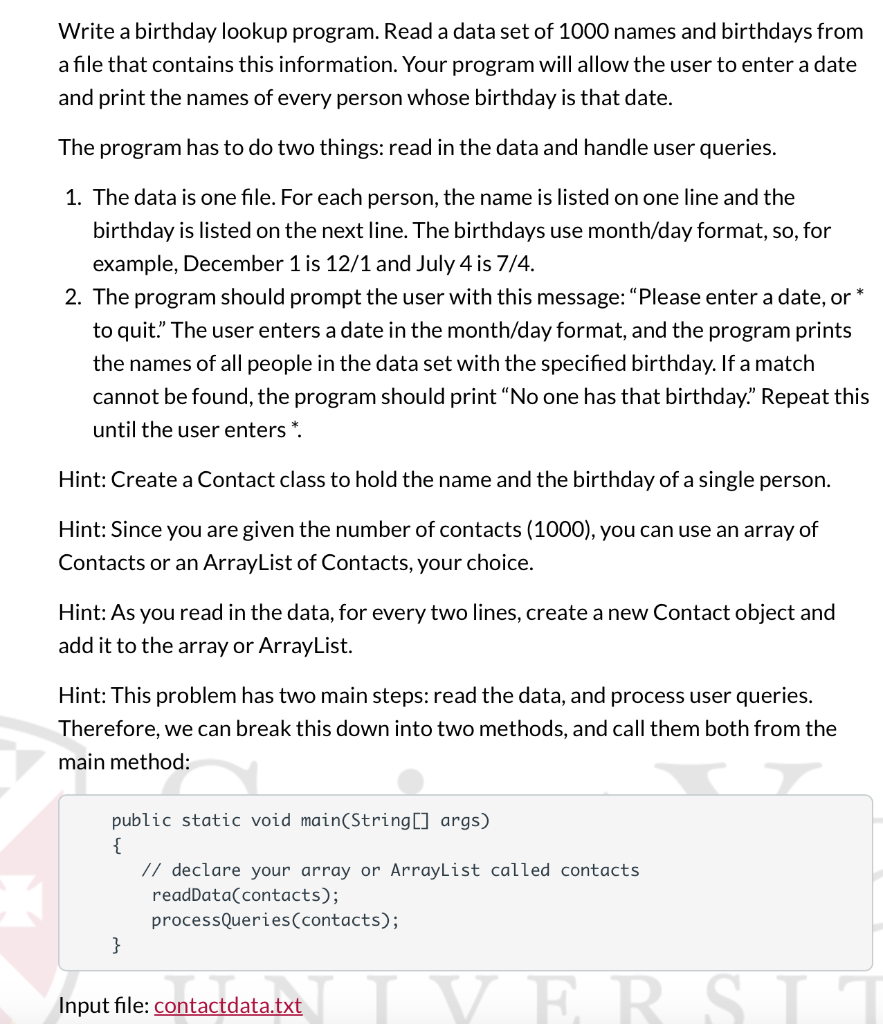 Solved Write a birthday lookup program. Read a data set of | Chegg.com