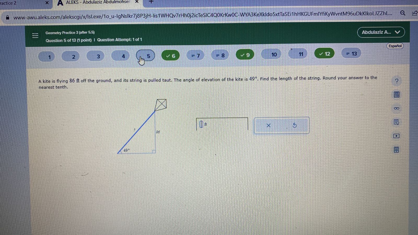 Solved A kite is flying 86ft ﻿off the ground, and its string | Chegg.com