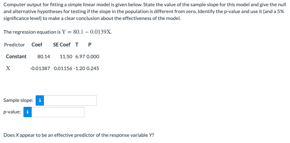 Solved Computer output for fitting a simple linear model is | Chegg.com