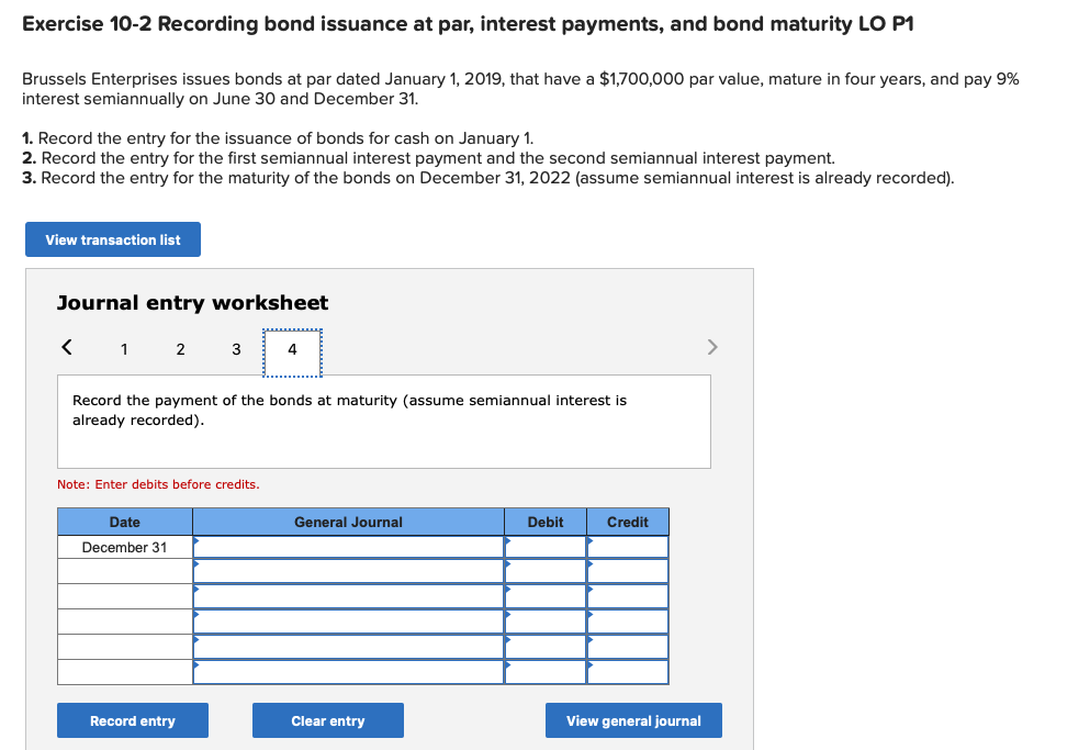Solved Exercise 10-2 Recording bond issuance at par, | Chegg.com
