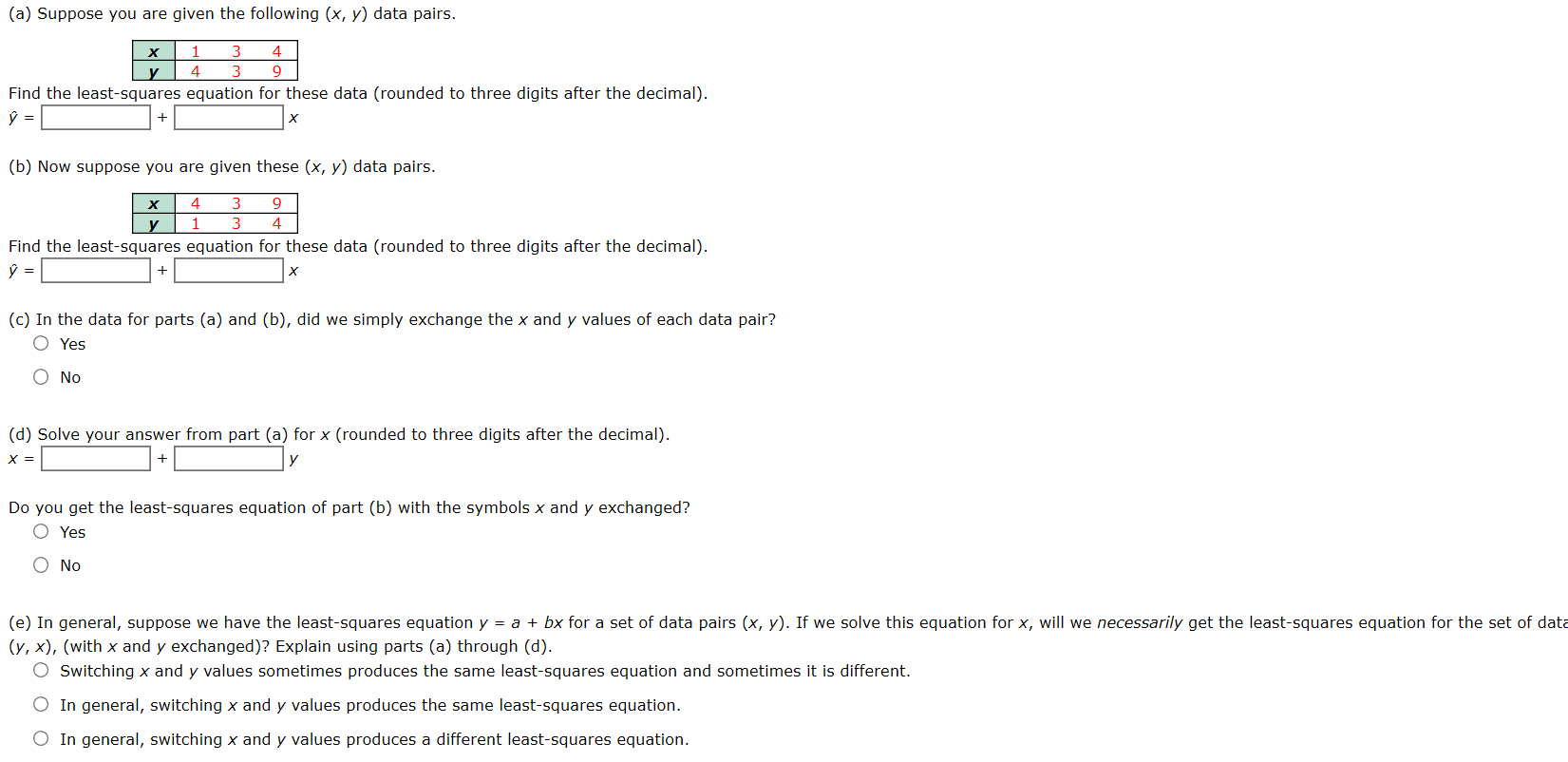 Solved (a) Suppose you are given the following (x, y) data | Chegg.com