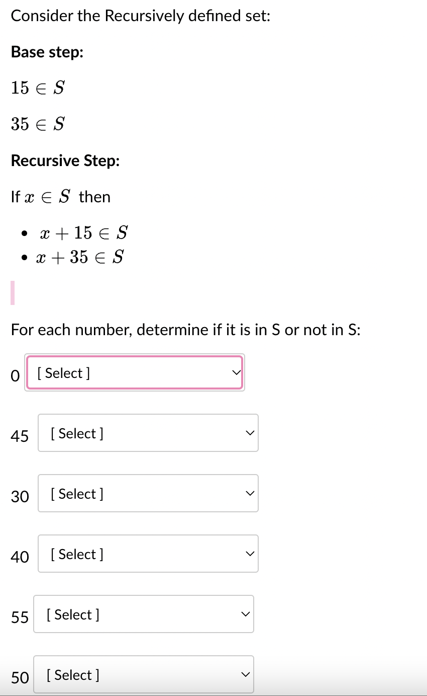 Solved Consider the Recursively defined set: (OPTIONS ARE IN | Chegg.com