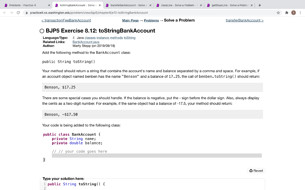 Solved Problems - Practice-it toStringBankAccount - Solve a | Chegg.com