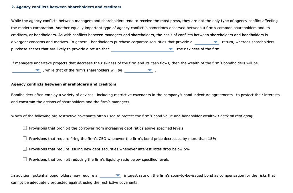Solved 2. Agency conflicts between shareholders and | Chegg.com