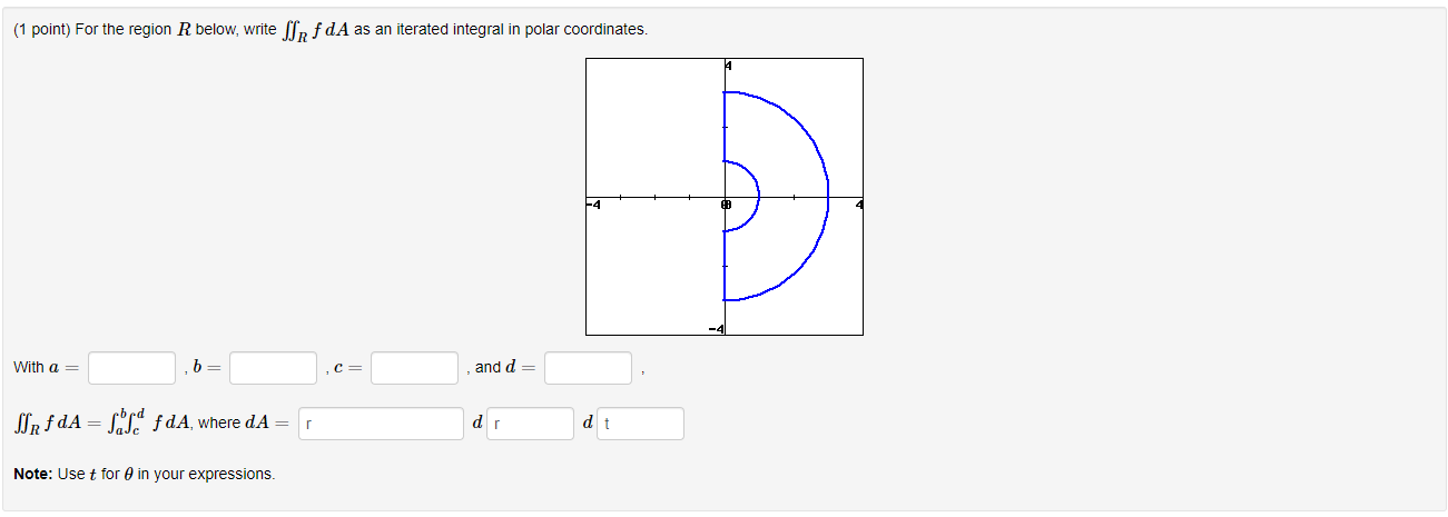 Solved (1 point) For the region R below, write STR f dA as | Chegg.com