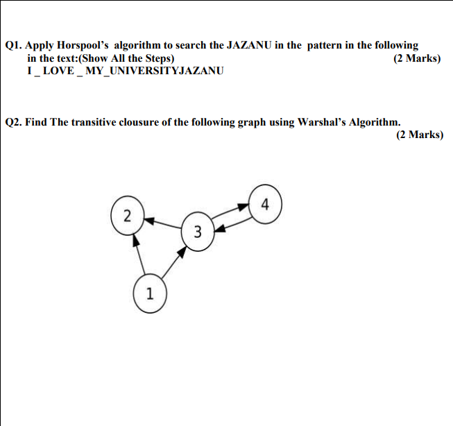 Solved Q1. Apply Horspool's algorithm to search the JAZANU | Chegg.com