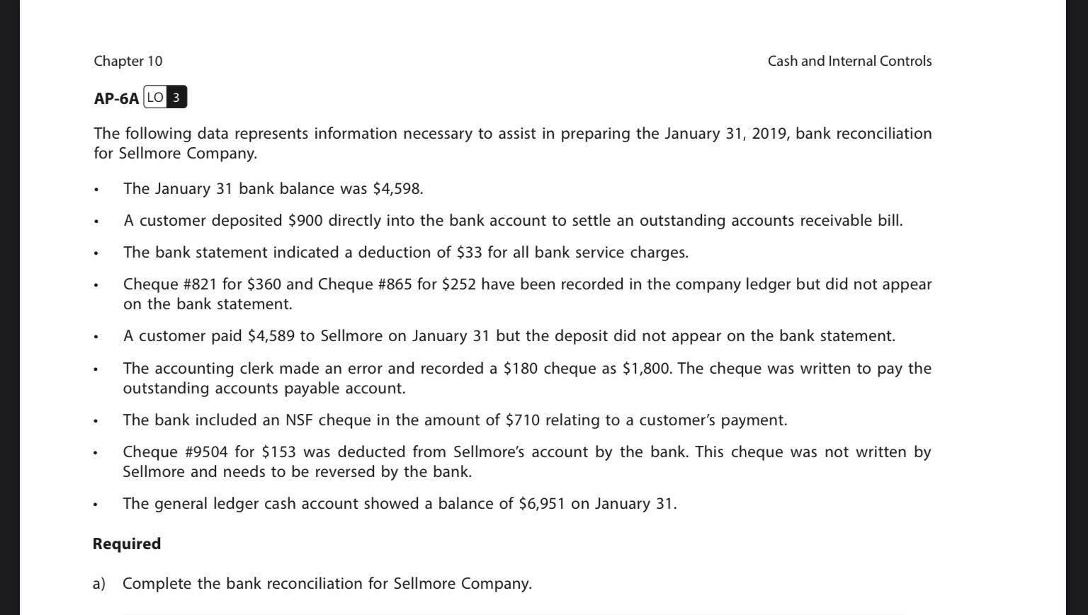 Solved Chapter 10 Cash and Internal Controls AP-6A LO The | Chegg.com