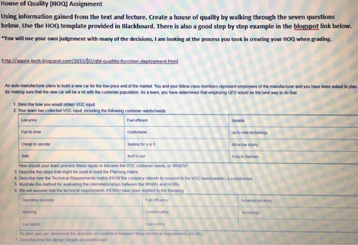 House of Quality (HOQ) Assignment Using information | Chegg.com