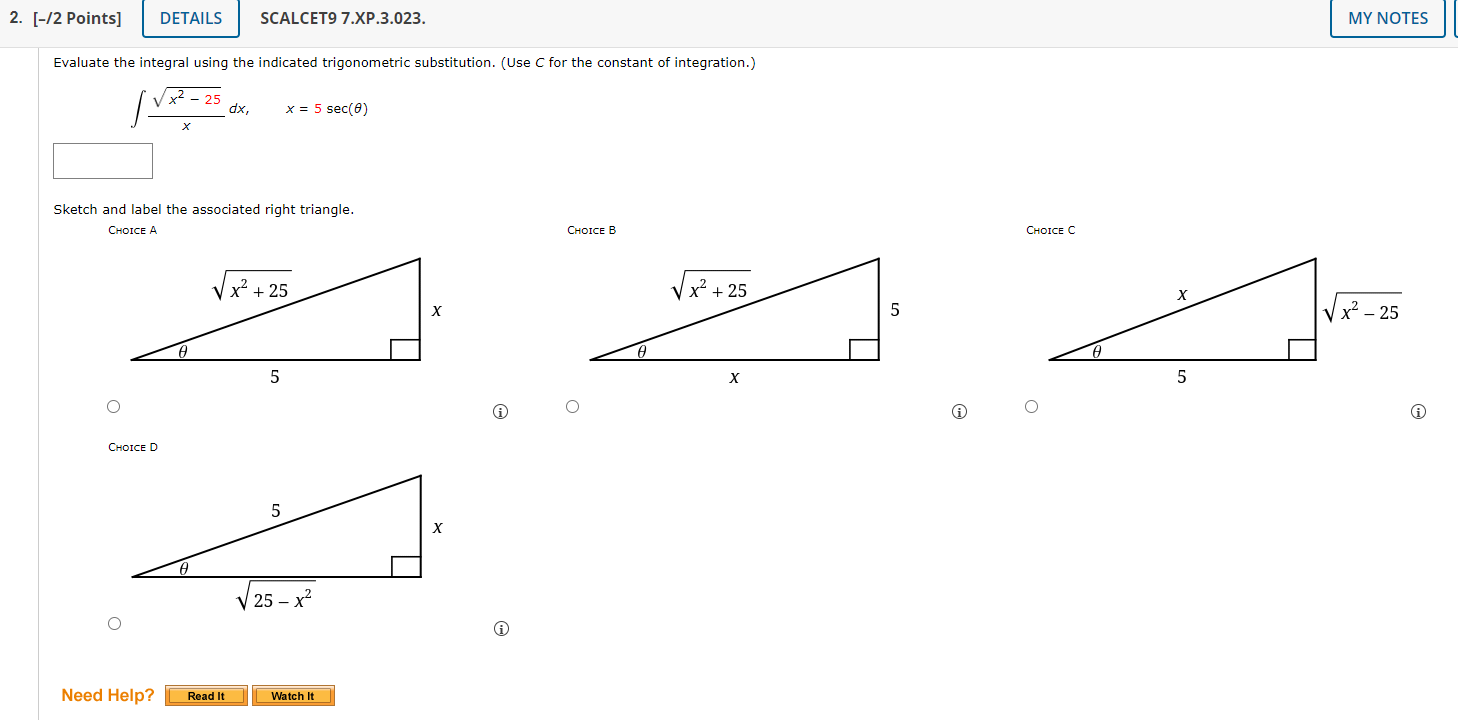 Solved ∫xx2−25dx,x=5sec(θ) Sketch and label the associated | Chegg.com