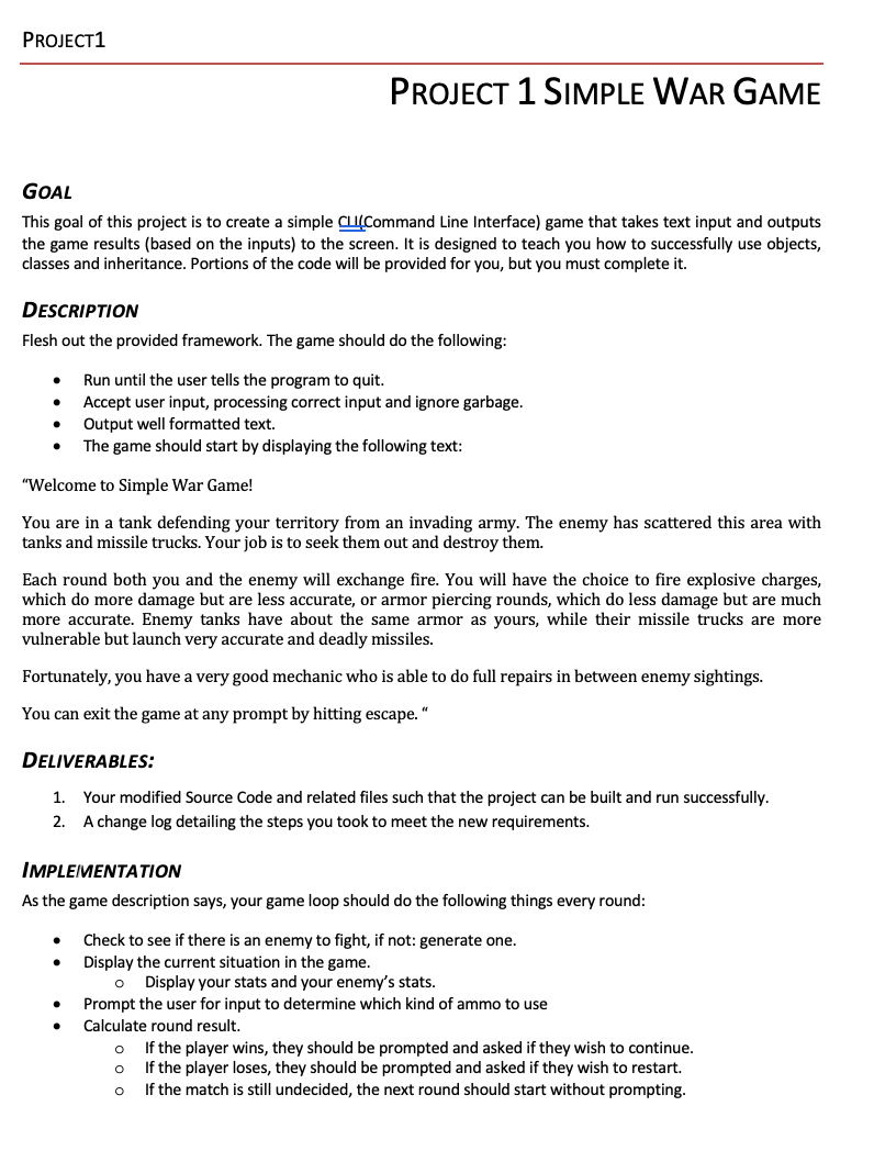 PROJECT1 PROJECT 1 SIMPLE WAR GAME GOAL This goal of | Chegg.com