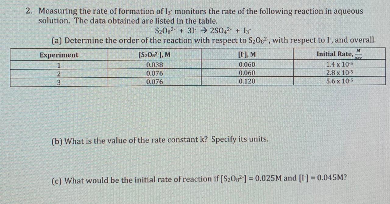 Solved 2. Measuring the rate of formation of I3⋅ monitors | Chegg.com