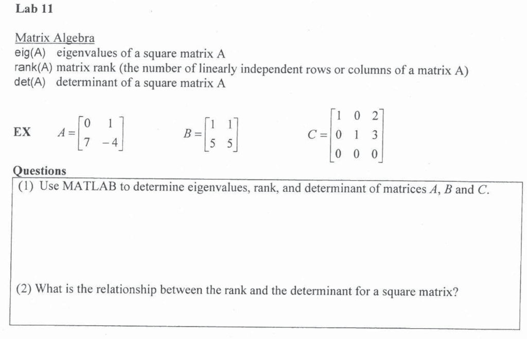 Solved Lab 11 Matrix Algebra eig(A) eigenvalues of a square | Chegg.com
