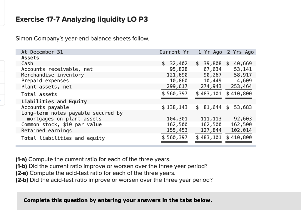 Solved Exercise 17-7 Analyzing liquidity LO P3 Simon | Chegg.com