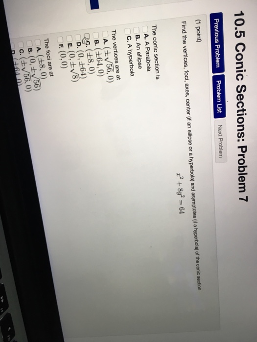 Solved 10.5 Conic Sections: Problem 7 Previous Problem | Chegg.com